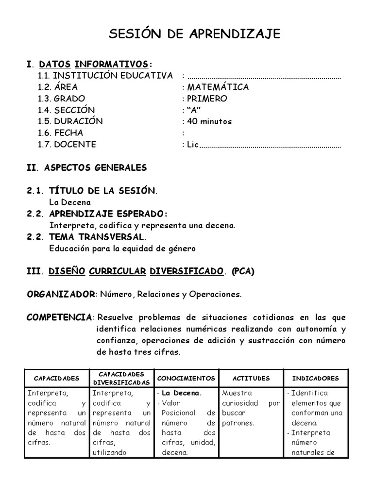 SESIÓN DE APRENDIZAJE - primaria-LA DECENA 1RO | PDF | Maestros | Aprendizaje