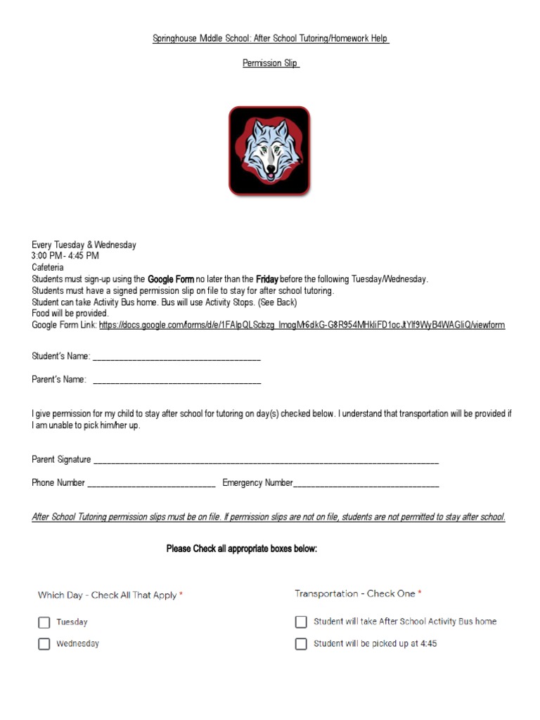 Springhouse Middle School After School Tutoring Permission Slip | PDF