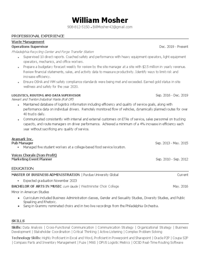 William Mosher - Resume PDF | PDF | Logistics | Economies