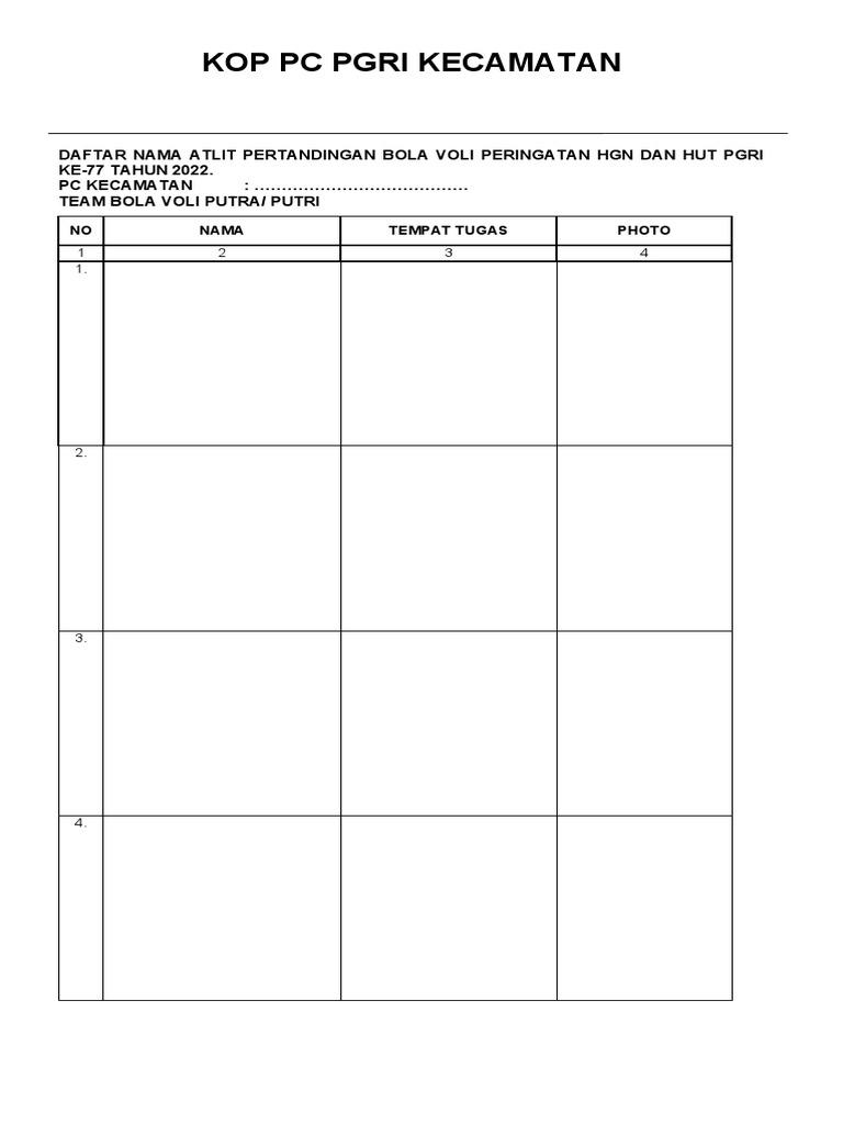 Form Data Pemain Bola Voli Pc Pgri Kecamatan Pdf