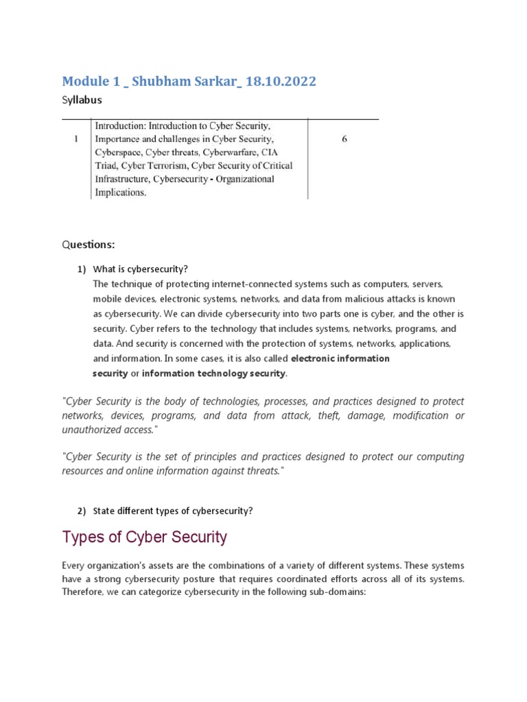 Module 1 - Understanding Cyber Security Threats and Defenses | PDF ...