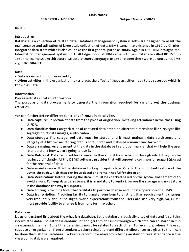 Notes Data Base Management System Dbms Unit 1 245689 Pdf Databases