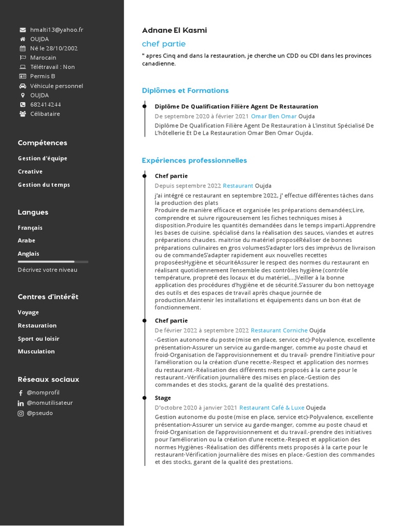 CV - 2022-12-10 - Adnane - El Kasmi | PDF | Restaurants