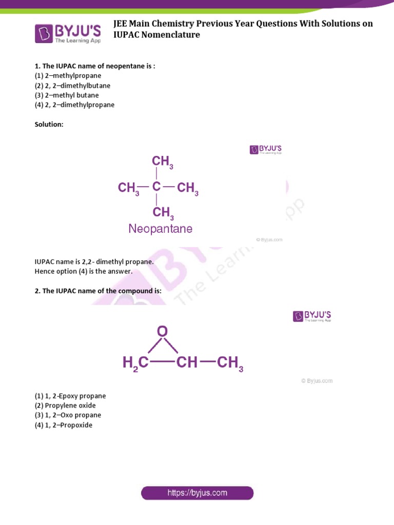 JEE Main IUPAC Nomenclature Solutions | PDF | International Union Of ...