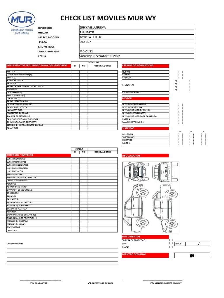 check list CAMIONETAS MUR WY | PDF | Vehículos | Fabricantes de automóviles