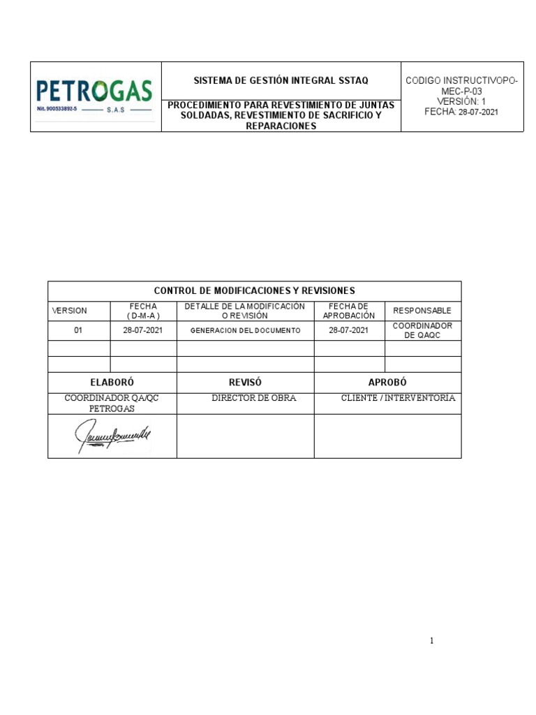 Po-Mec-P-03 Revestimiento de Juntas y Sacrificio | PDF | Revestimiento | Seguridad y salud ...