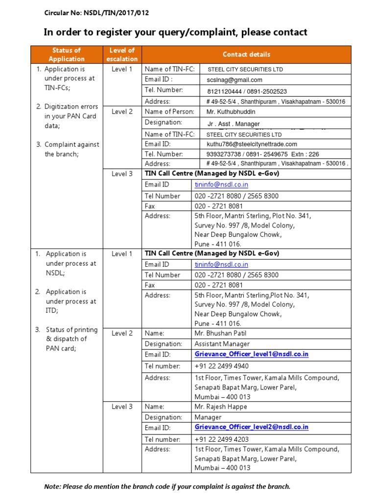 NSDL Complaint Escalation Matrix | PDF | Computing