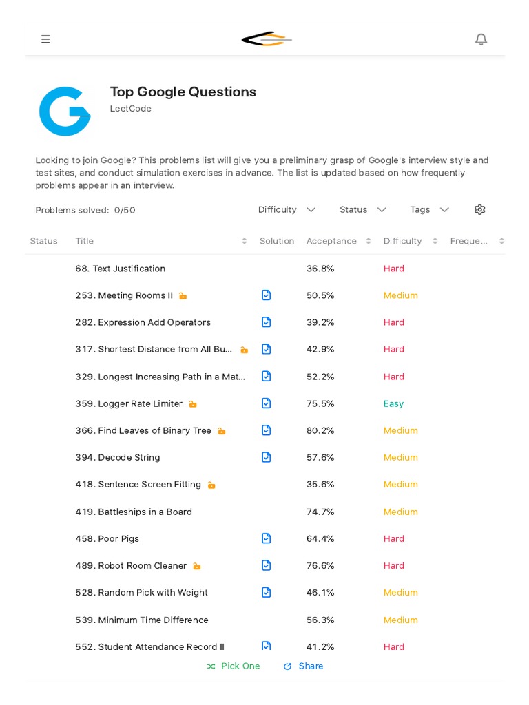 Top Google Questions Leetcode Pdf Computer Programming