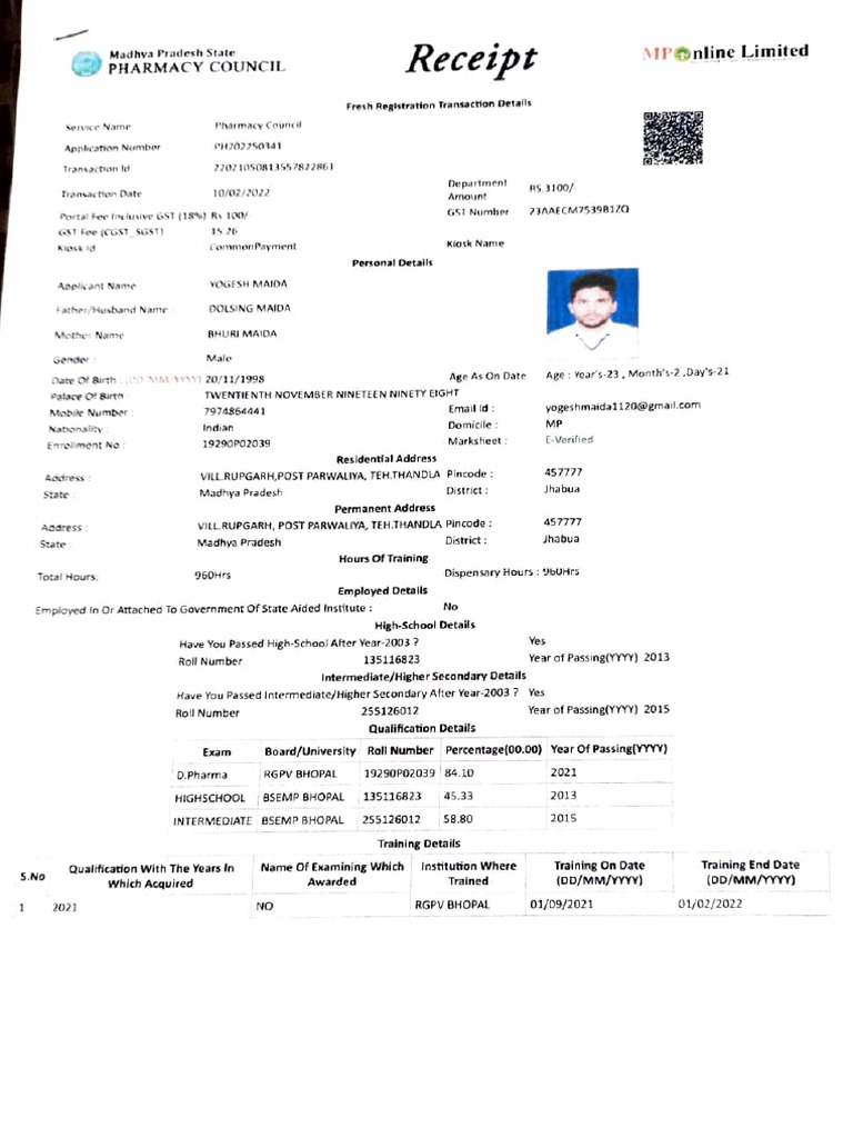 Receipt for Fresh Registration in the Madhya Pradesh State Pharmacy ...