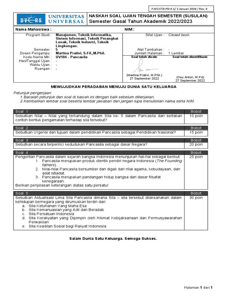 Naskah Soal UTS Pancasila 20221 (Susulan) | PDF