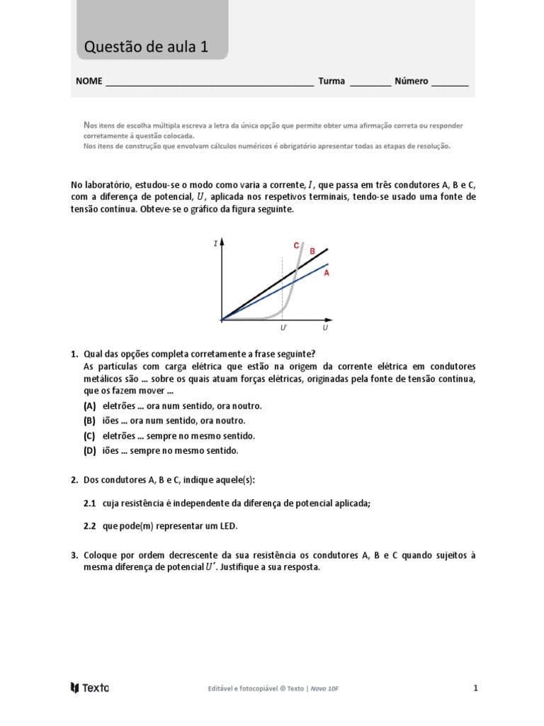 Questão de Aula 1 - Energia e Fenómenos Elétricos - Efeito Joule | PDF ...