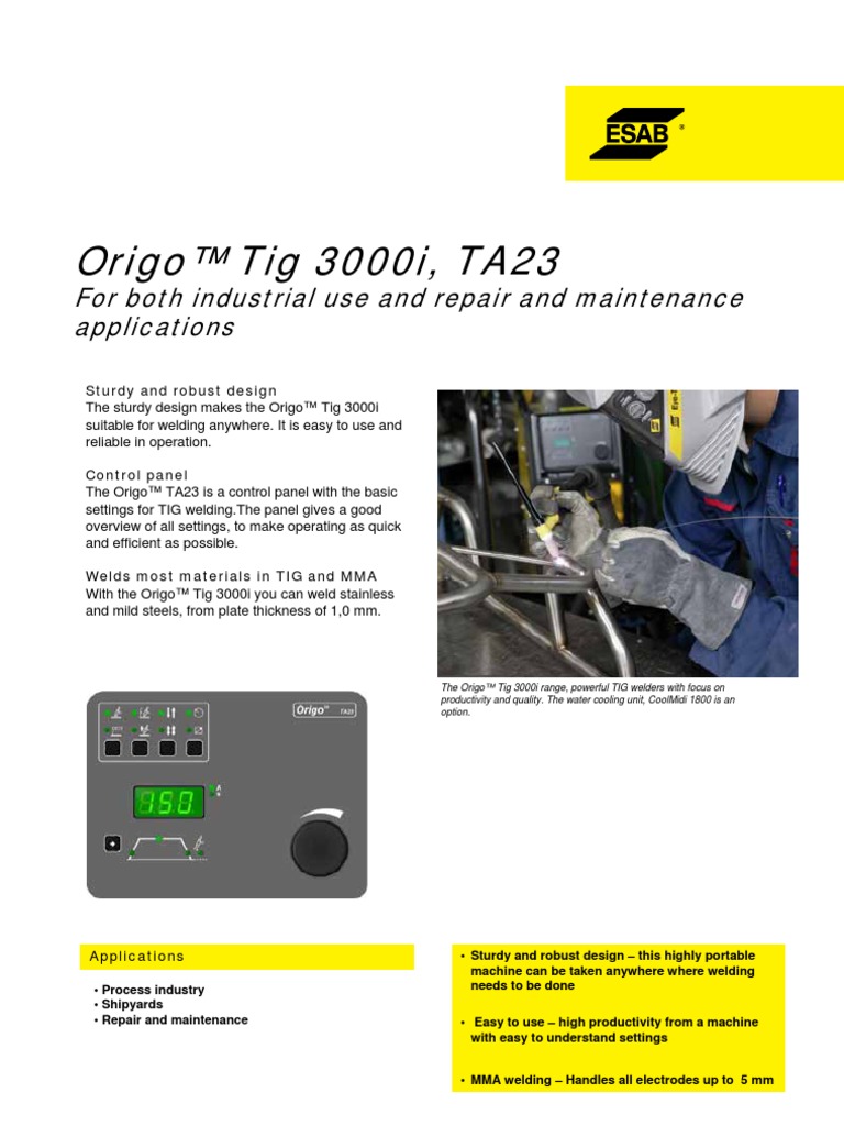 ESAB Origo Tig 3000i TA23 Welding Machine | PDF | Welding | Construction