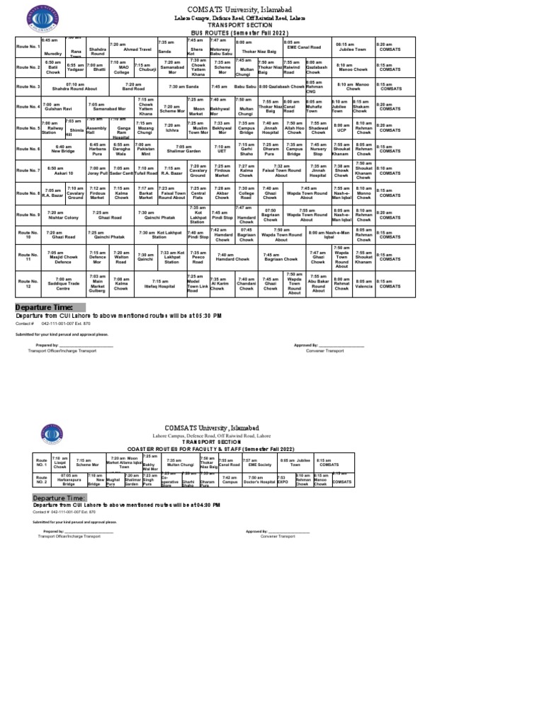 COMSATS Lahore Bus Routes Fall 2022 | PDF | Lahore | Pakistan