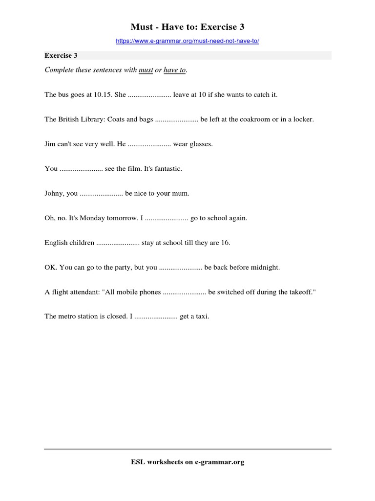 Must vs Have to Exercises Worksheet | PDF
