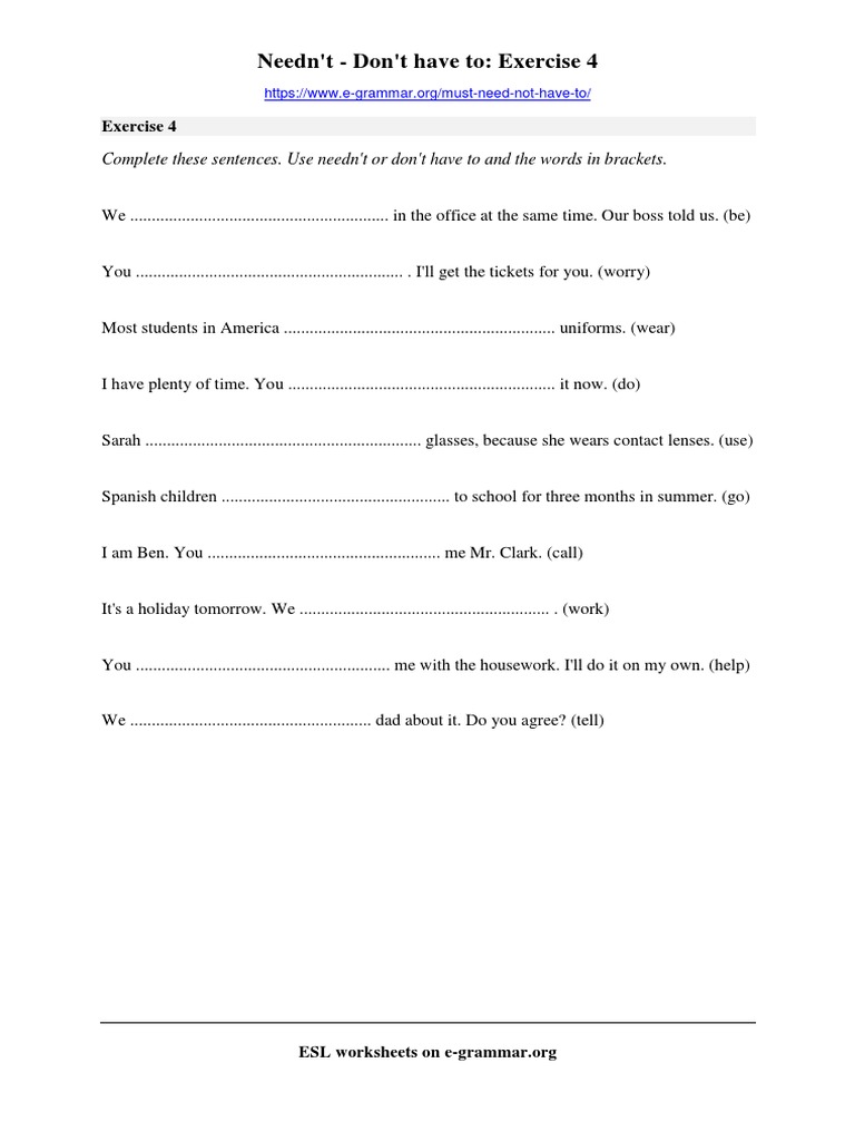 Need Not Do Not Have To Exercise 4 | PDF