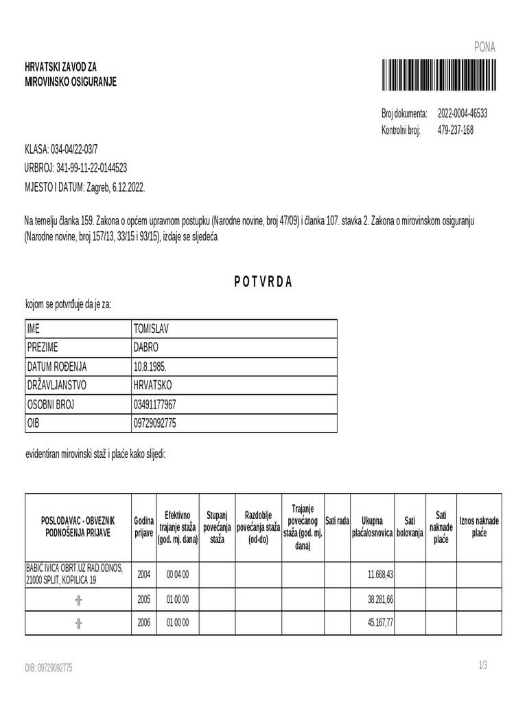 Potvrda o Stazu i Placi | PDF
