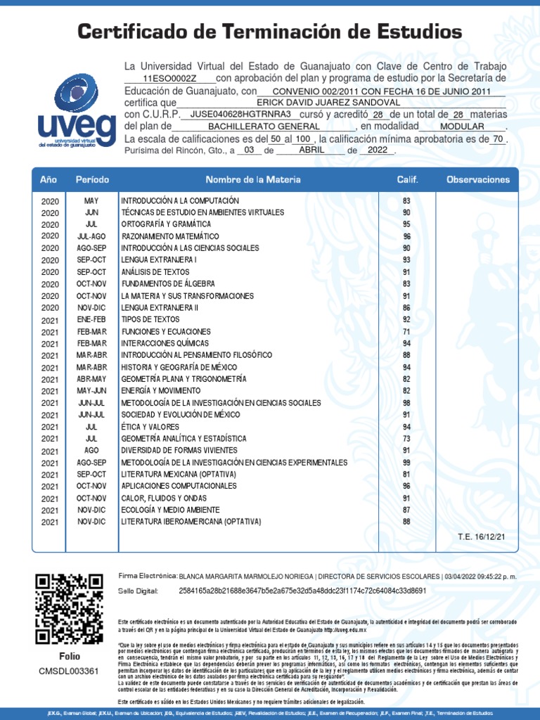 Certificado Prepa Uveg Erick David Juarez | PDF | Science
