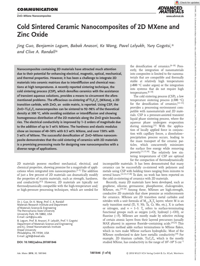 Cold Sintered Ceramic Nanocomposites of 2D MXene and Zinc Oxide | PDF ...