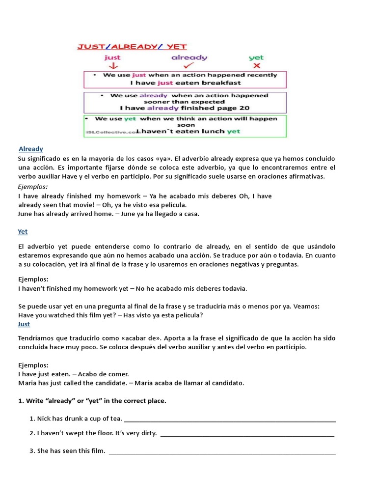 Uso de "Already", "Yet" y "Just" en Inglés | PDF | Foreign Language ...
