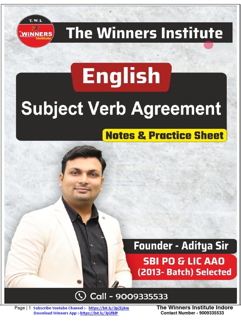 Subject Verb Agreement: The Winners Institute Indore | PDF | Grammatical Number | Plural