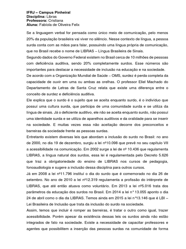 A Inclusão de Surdos No Brasil - Fabíola Felix | PDF | Surdez ...