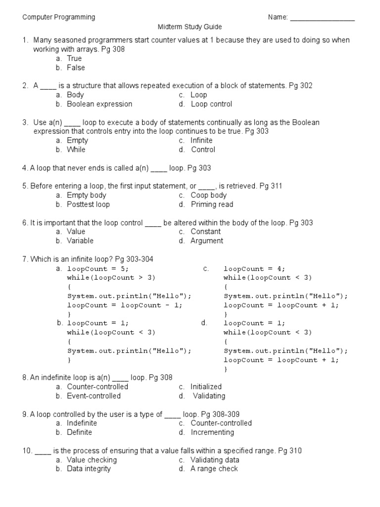 Computer Programming Midterm Study Guide | PDF | Control Flow | Boolean Data Type