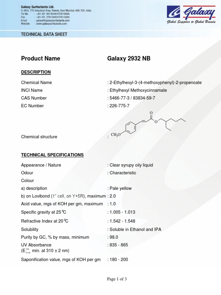 TDS of Galaxy 2932 NB | PDF | Sunscreen | Pallet