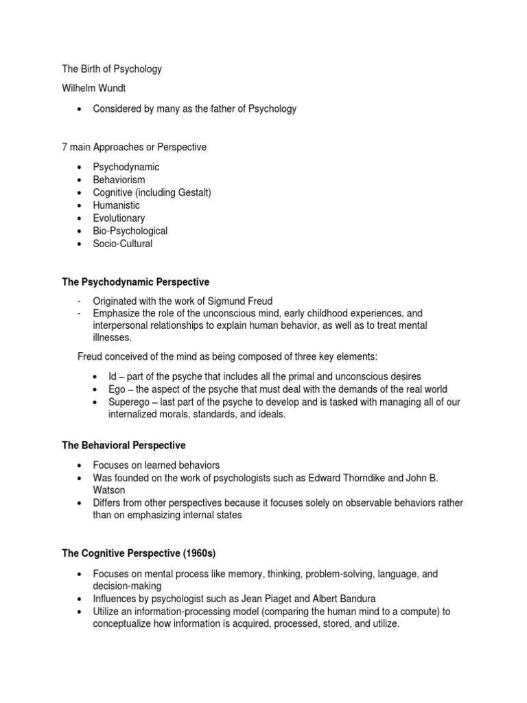7 Approaches or Perspective in Psychology | PDF | Psychology | Id