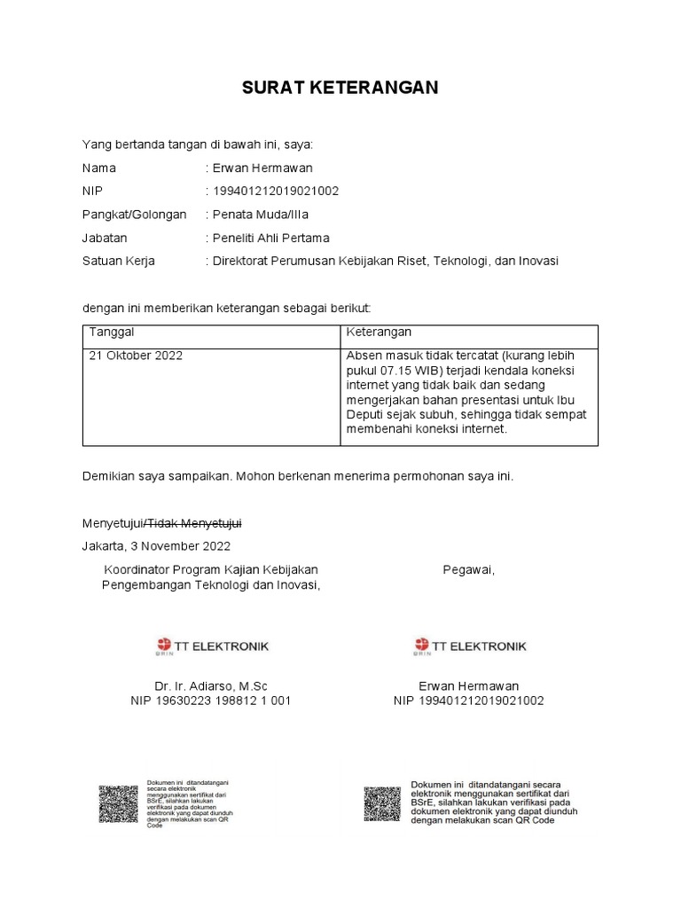 Surat Keterangan Lupa Absen 21 10 2022 | PDF
