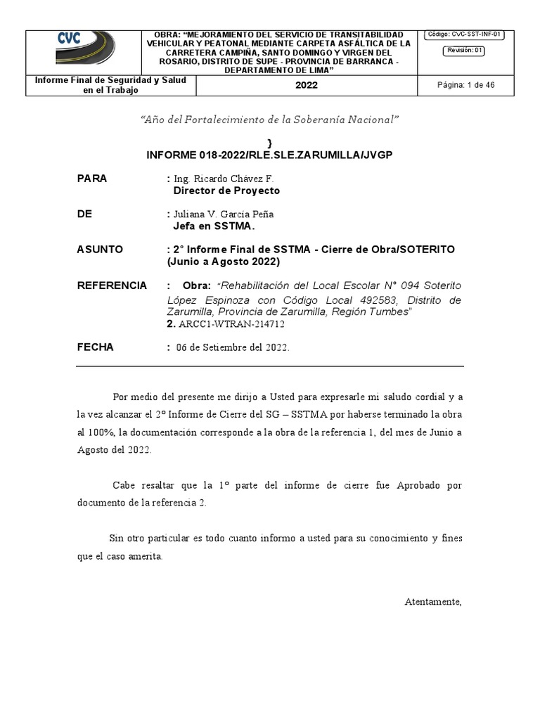 Informe CVC Final Obra | PDF | Seguridad y salud ocupacional | Lima
