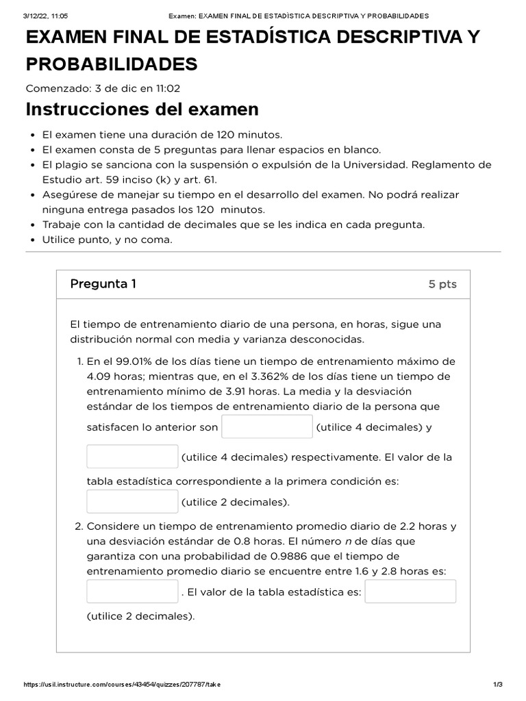 Examen - EXAMEN FINAL DE ESTADÍSTICA DESCRIPTIVA Y PROBABILIDADES | PDF | Probabilidad ...