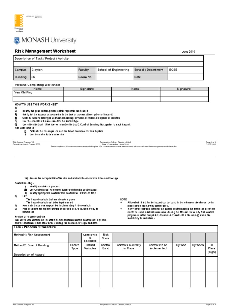 Risk Management Worksheet | PDF | Risk Assessment | Hazards