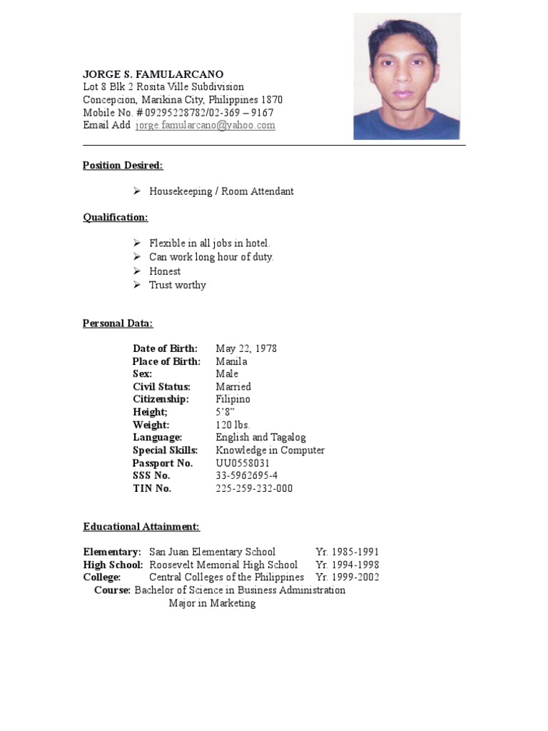 JORGE S Resume Resume Jorge Wid Pix | PDF | Labour | Nature