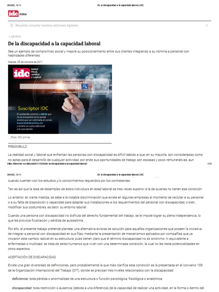 De La Discapacidad A La Capacidad Laboral - IDC | Descargar gratis PDF | Invalidez | Derecho laboral