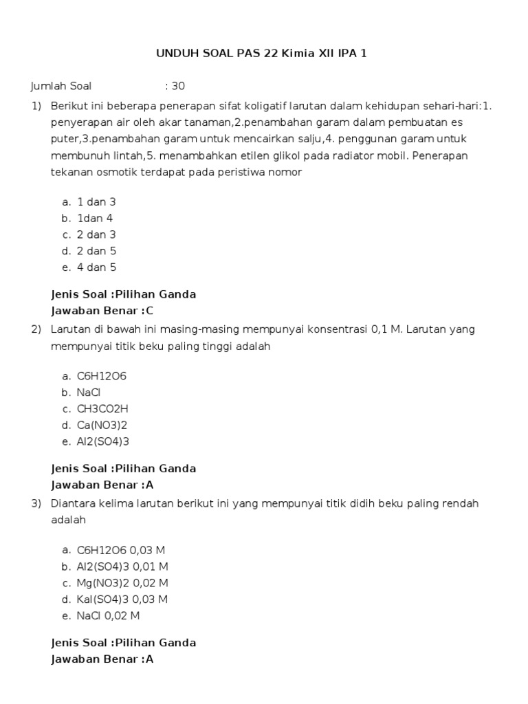 Lembar Soal PAS 22 Kimia XII IPA 1-1 | PDF