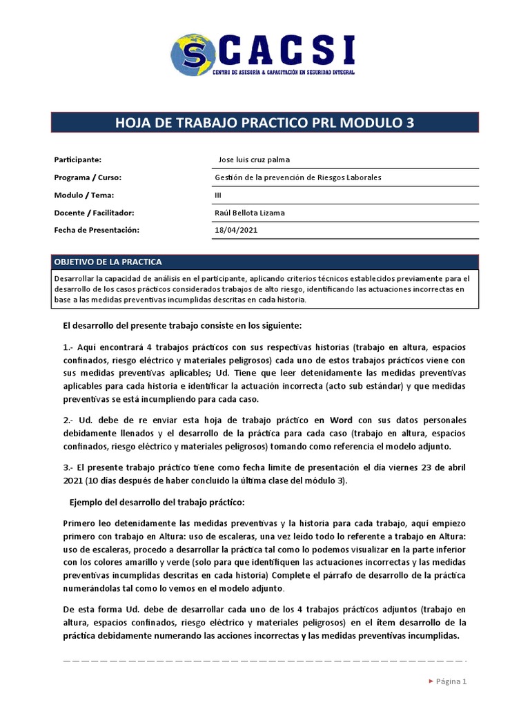 TRABAJO PRACTICO PRL MODULO 3 Jose | PDF | Laboratorios | Fusible (Eléctrico)