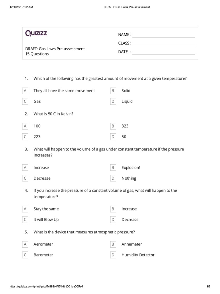 Gas Laws Pre-Assessment | PDF | Gases | Temperature