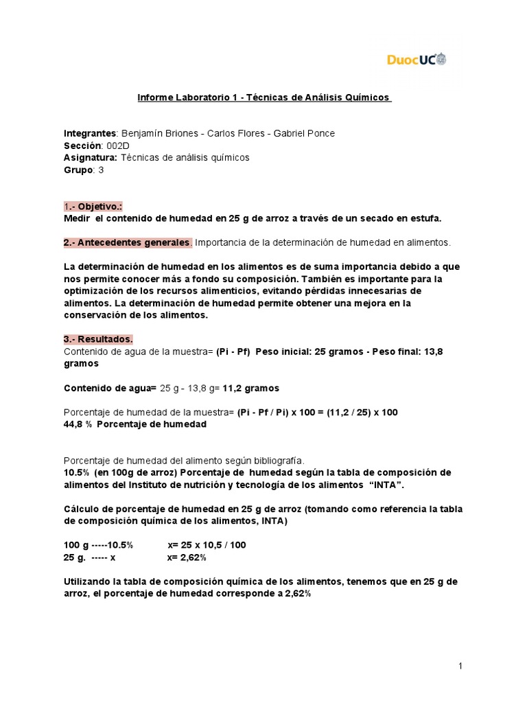 Informe Laboratorio 1 Técnicas De Análisis Químicos Pdf Humedad