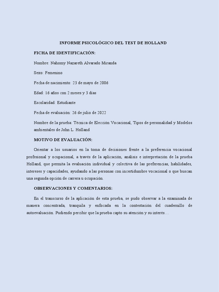 Test Holland (Muestra) | PDF