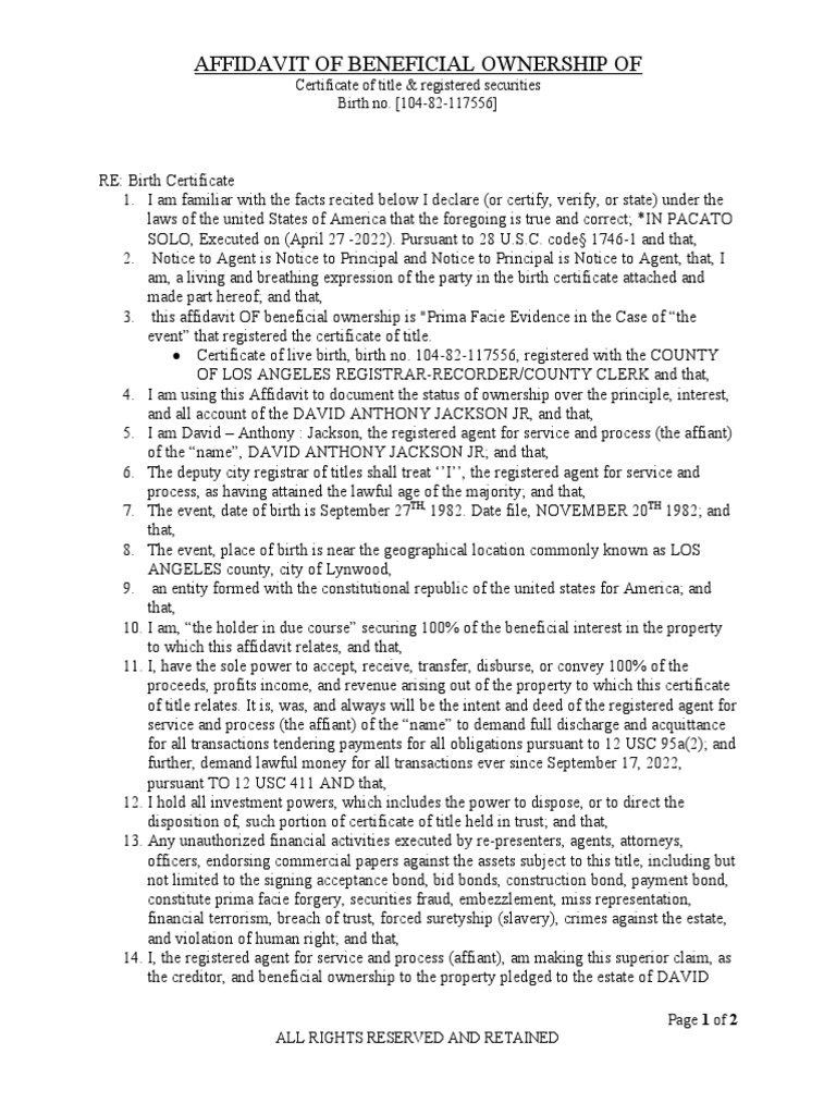 AFFIDAVIT OF BENEFICIAL INTEREST | PDF | Affidavit | Trust Law
