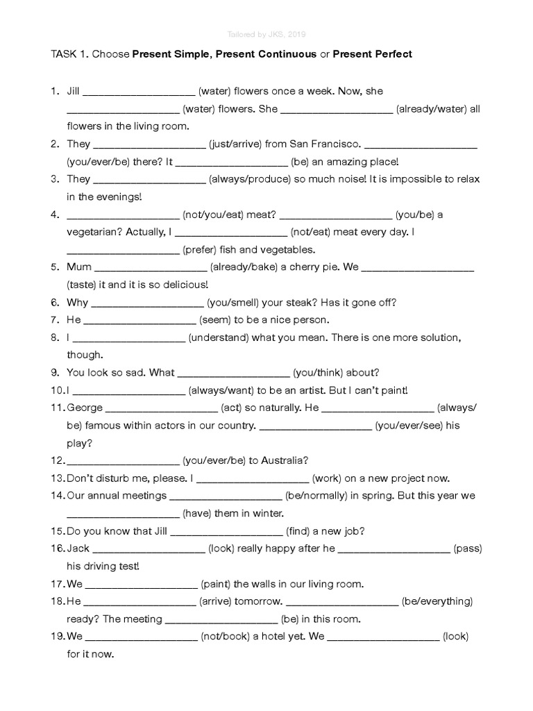 Present Simple Present Continuous Present Perfect Grammar Drills Warmers Coolers - 117983 | PDF