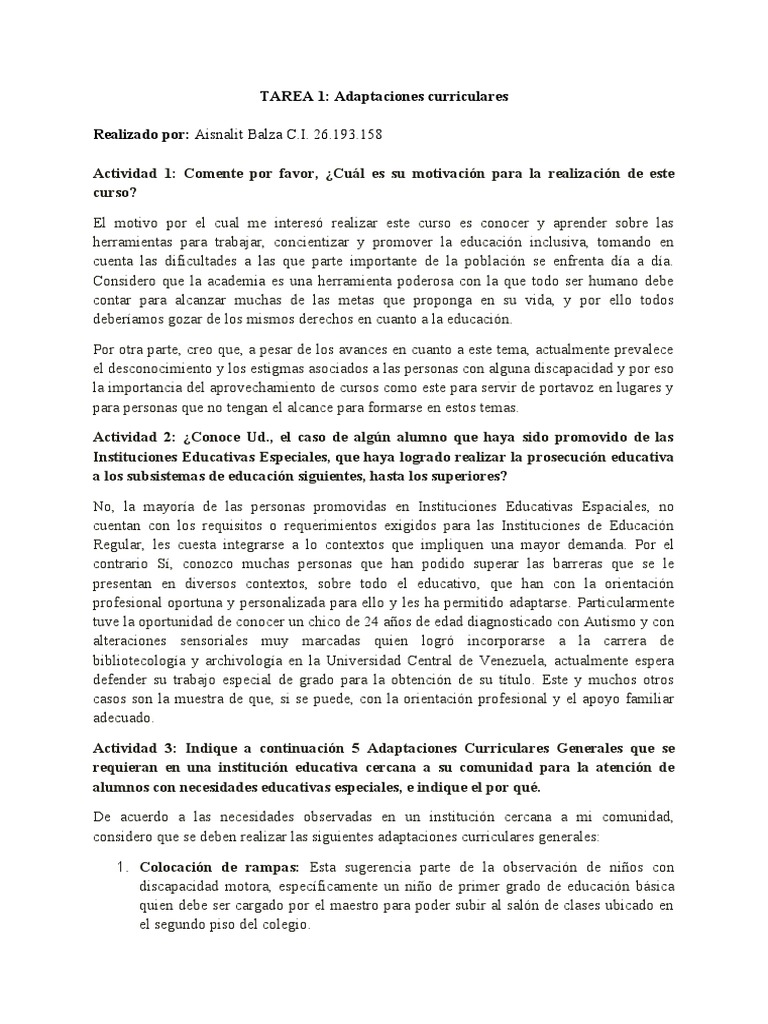 TAREA 1 - Adaptaciones Curriculares | PDF | Educación primaria | Invalidez
