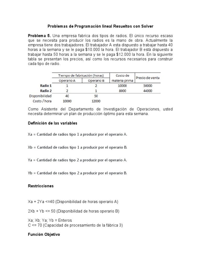 Problema de Programación Lineal Resuelto Con Solver - P5 | PDF