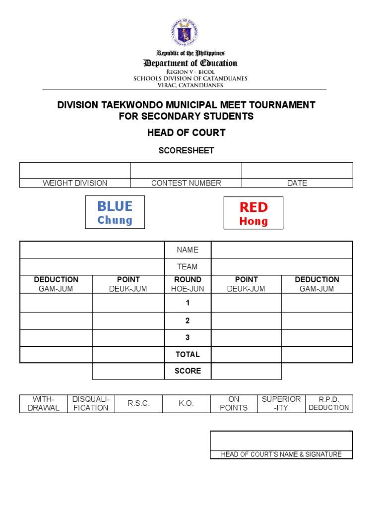 Taekwondo Tournament Score Sheet | PDF