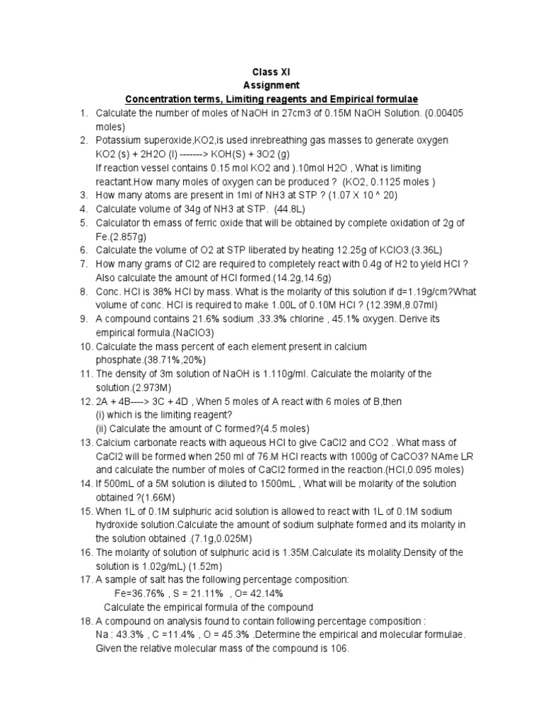 Class XI (Concentration Terms, LR, Empirical Formula Assignment) | PDF ...