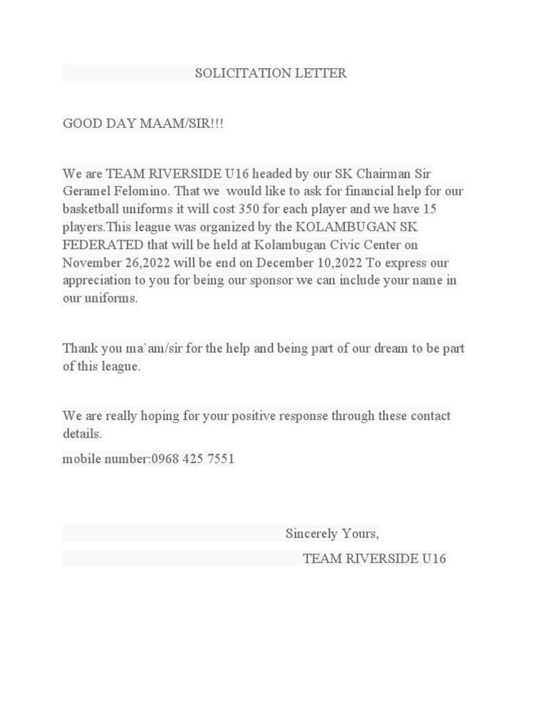 Solicitation Letter | PDF | Sports & Recreation | Cooking, Food & Wine