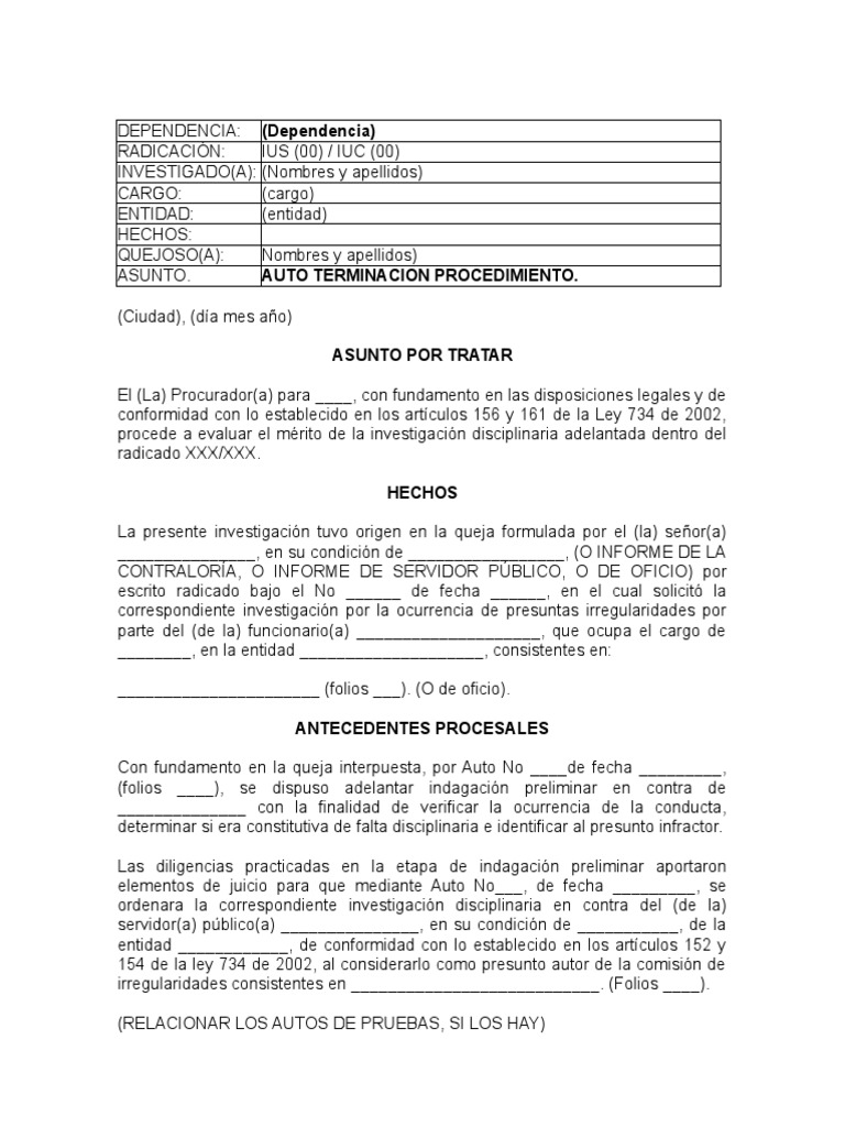 Formato Auto Terminación Procedimiento | PDF | Ciencias Políticas ...