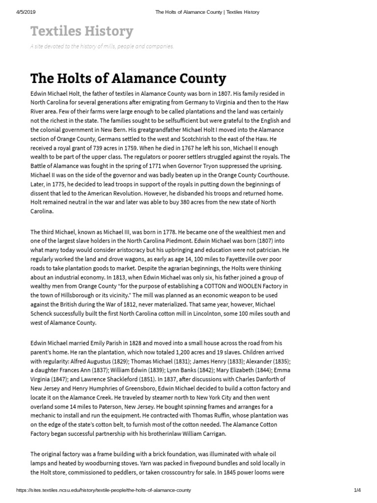 Holts Family: Pioneers of Alamance Textiles | PDF | Dyeing | Textiles