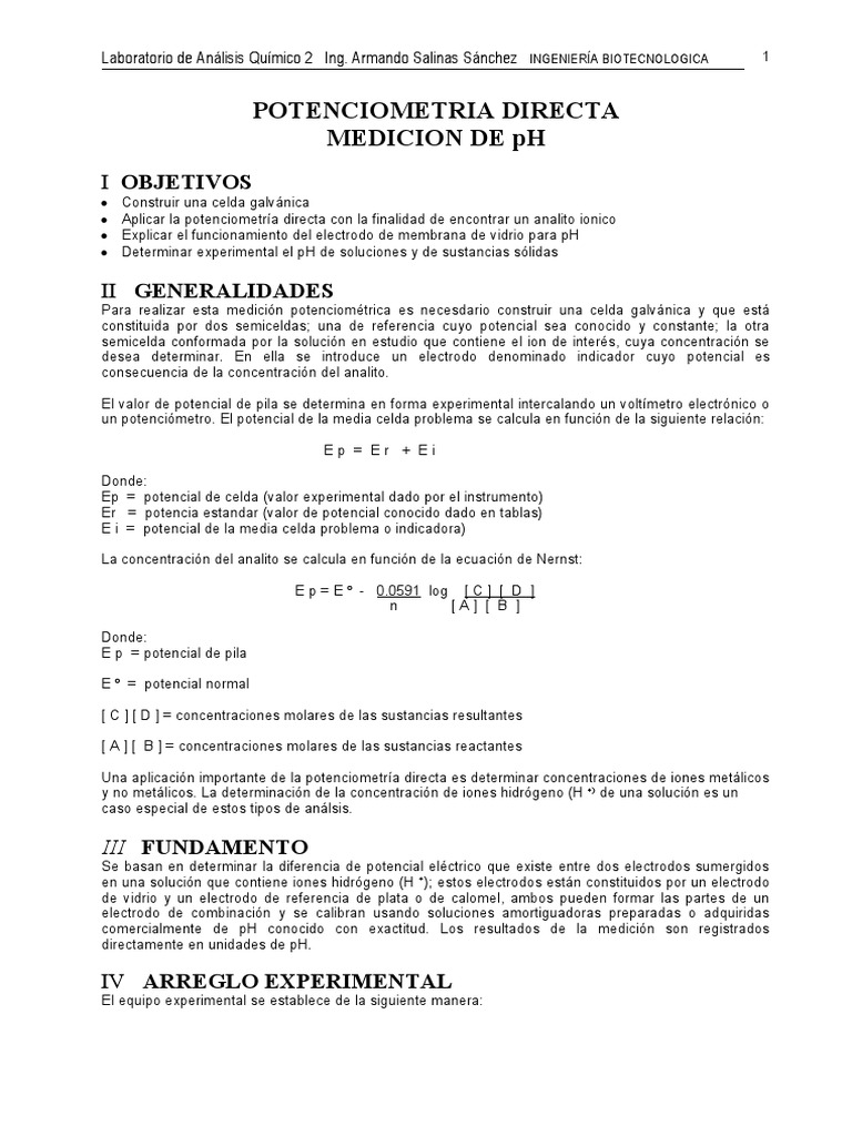 Práctica N°10. Potenciometría Directa y Determinación de PH | Descargar gratis PDF | Ph | Química