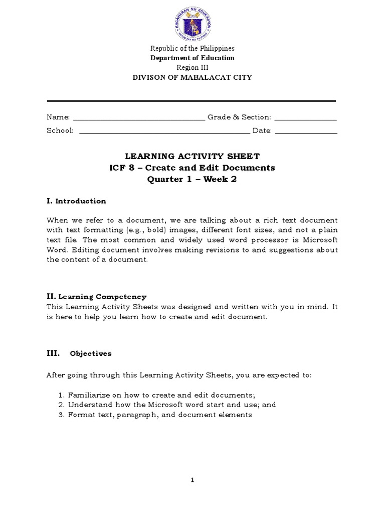 Learning Activity Sheet ICF 8 - Create and Edit Documents Quarter 1 ...